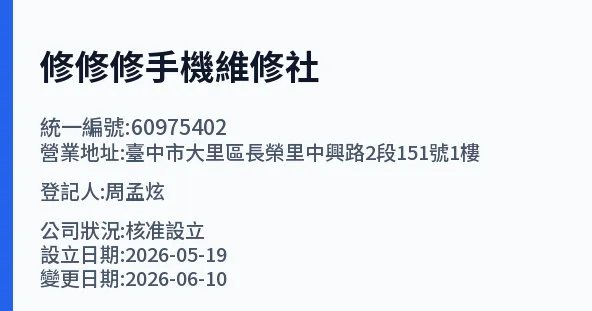 修修修手機維修社的照片-統編 60975402(臺中市) 公司登記資料與營業項目詳細圖表