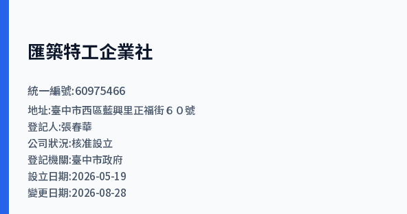 匯築特工企業社的照片-統編 60975466 公司登記資料與營業項目詳細圖表