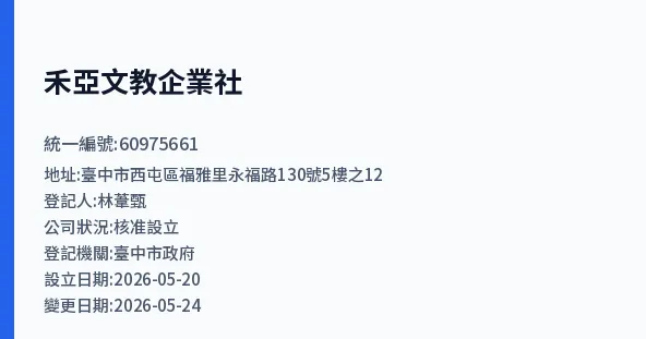 禾亞文教企業社的照片-統編 60975661(臺中市) 公司登記資料與營業項目詳細圖表