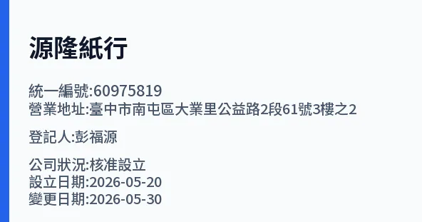 源隆紙行的照片-統編 60975819(臺中市) 公司登記資料與營業項目詳細圖表