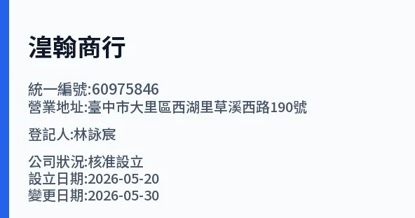 湟翰商行的照片-統編 60975846(臺中市) 公司登記資料與營業項目詳細圖表