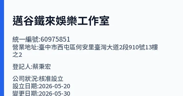 邁谷鐵來娛樂工作室的照片-統編 60975851(臺中市) 公司登記資料與營業項目詳細圖表