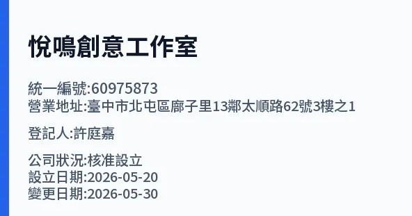 悅鳴創意工作室的照片-統編 60975873(臺中市) 公司登記資料與營業項目詳細圖表