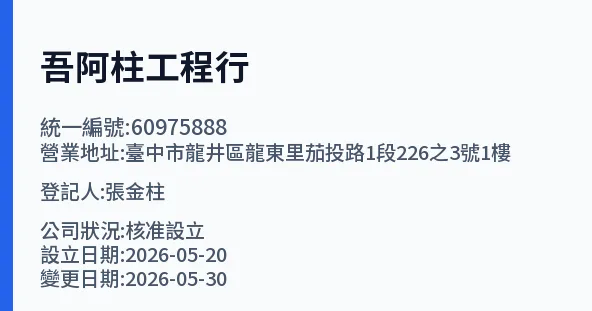 吾阿柱工程行的照片-統編 60975888(臺中市) 公司登記資料與營業項目詳細圖表