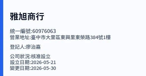 雅旭商行的照片-統編 60976063(臺中市) 公司登記資料與營業項目詳細圖表