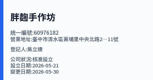 胖麴手作坊的照片-統編 60976182(臺中市) 公司登記資料與營業項目詳細圖表