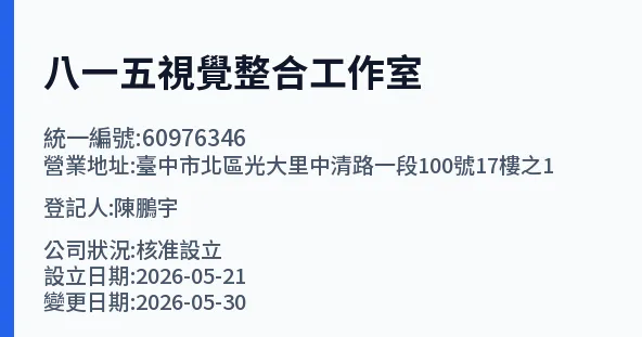 八一五視覺整合工作室的照片-統編 60976346(臺中市) 公司登記資料與營業項目詳細圖表