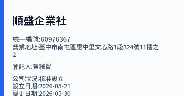 順盛企業社的照片-統編 60976367(臺中市) 公司登記資料與營業項目詳細圖表