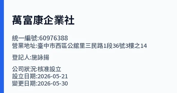 萬富康企業社的照片-統編 60976388(臺中市) 公司登記資料與營業項目詳細圖表