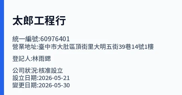 太郎工程行的照片-統編 60976401(臺中市) 公司登記資料與營業項目詳細圖表