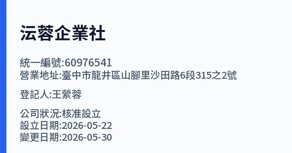 沄蓉企業社的照片-統編 60976541(臺中市) 公司登記資料與營業項目詳細圖表
