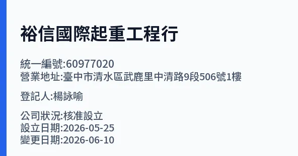 裕信國際起重工程行的照片-統編 60977020(臺中市) 公司登記資料與營業項目詳細圖表