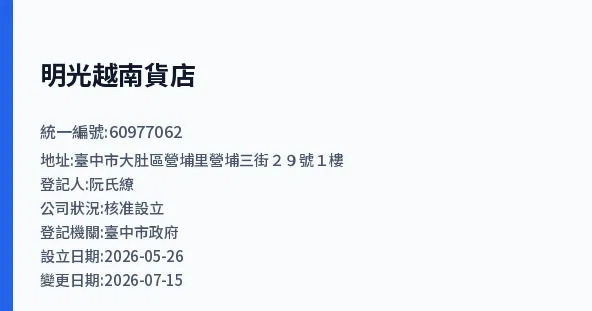 明光越南貨店的照片-統編 60977062 公司登記資料與營業項目詳細圖表