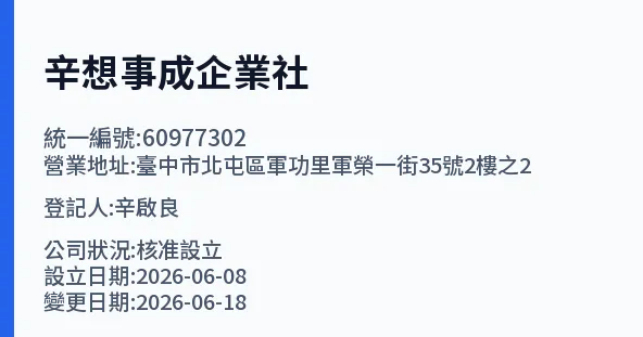 辛想事成企業社的照片-統編 60977302(臺中市) 公司登記資料與營業項目詳細圖表