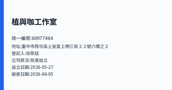 植與咖工作室的照片-統編 60977464(臺中市) 公司登記資料與營業項目詳細圖表