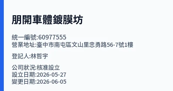 朋開車體鍍膜坊的照片-統編 60977555(臺中市) 公司登記資料與營業項目詳細圖表