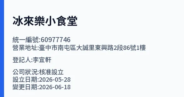 冰來樂小食堂的照片-統編 60977746(臺中市) 公司登記資料與營業項目詳細圖表