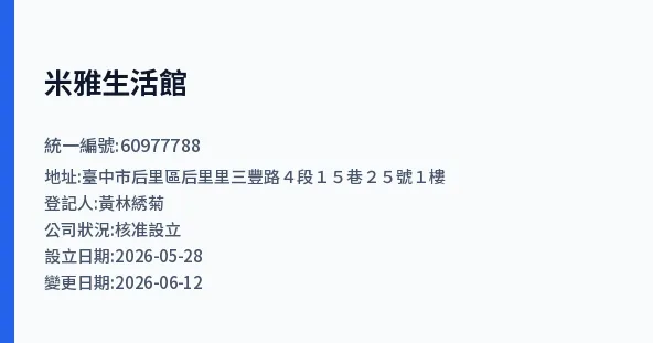 米雅生活館的照片-統編 60977788(臺中市) 公司登記資料與營業項目詳細圖表