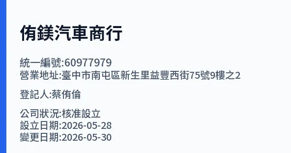 侑鎂汽車商行的照片-統編 60977979(臺中市) 公司登記資料與營業項目詳細圖表