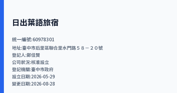 日出葉語旅宿的照片-統編 60978301 公司登記資料與營業項目詳細圖表