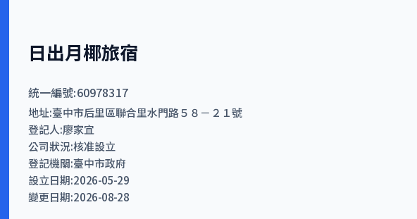 日出月椰旅宿的照片-統編 60978317 公司登記資料與營業項目詳細圖表