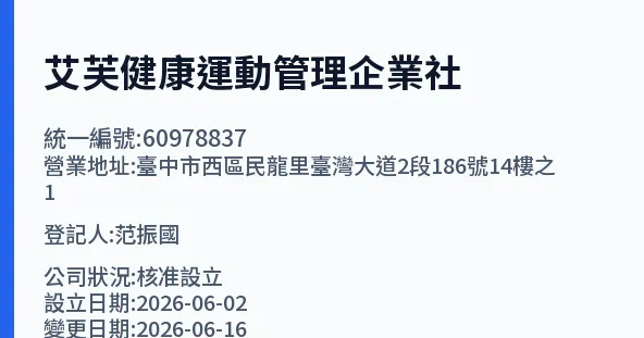 艾芙健康運動管理企業社的照片-統編 60978837(臺中市) 公司登記資料與營業項目詳細圖表