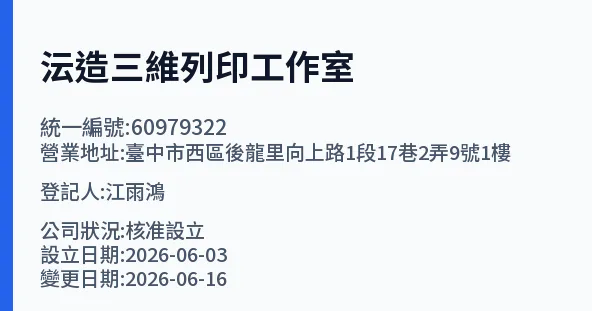 沄造三維列印工作室的照片-統編 60979322(臺中市) 公司登記資料與營業項目詳細圖表