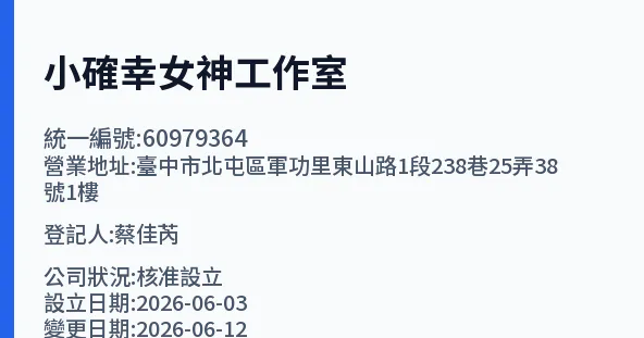 小確幸女神工作室的照片-統編 60979364(臺中市) 公司登記資料與營業項目詳細圖表