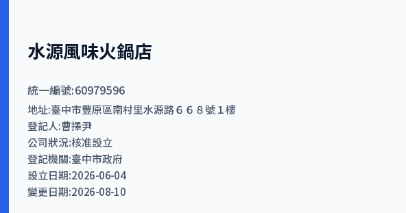 水源風味火鍋店的照片-統編 60979596 公司登記資料與營業項目詳細圖表