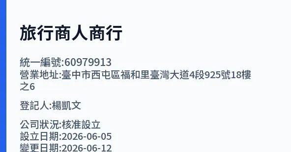 旅行商人商行的照片-統編 60979913(臺中市) 公司登記資料與營業項目詳細圖表