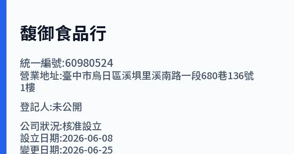 馥御食品行的照片-統編 60980524(臺中市) 公司登記資料與營業項目詳細圖表