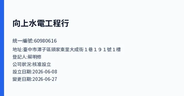 向上水電工程行的照片-統編 60980616(臺中市) 公司登記資料與營業項目詳細圖表