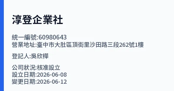 淳登企業社的照片-統編 60980643(臺中市) 公司登記資料與營業項目詳細圖表