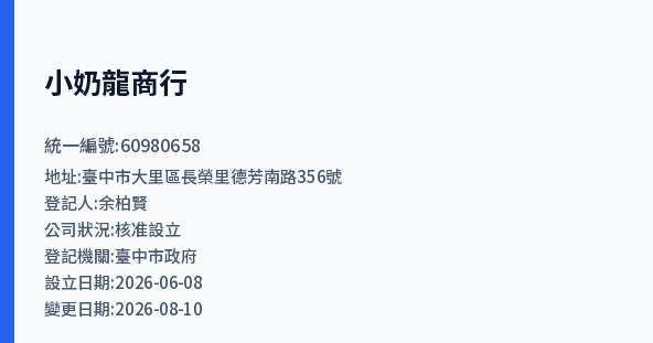 小奶龍商行的照片-統編 60980658(臺中市) 公司登記資料與營業項目詳細圖表