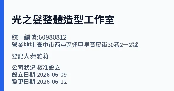 光之髮整體造型工作室的照片-統編 60980812(臺中市) 公司登記資料與營業項目詳細圖表