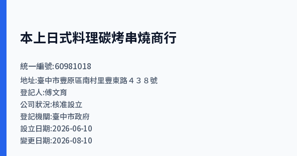 本上日式料理碳烤串燒商行的照片-統編 60981018 公司登記資料與營業項目詳細圖表