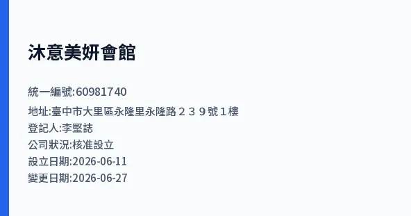 沐意美妍會館的照片-統編 60981740(臺中市) 公司登記資料與營業項目詳細圖表