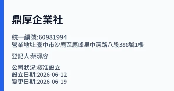 鼎厚企業社的照片-統編 60981994(臺中市) 公司登記資料與營業項目詳細圖表