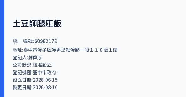 土豆師腿庫飯的照片-統編 60982179 公司登記資料與營業項目詳細圖表