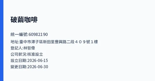 破繭咖啡的照片-統編 60982190(臺中市) 公司登記資料與營業項目詳細圖表