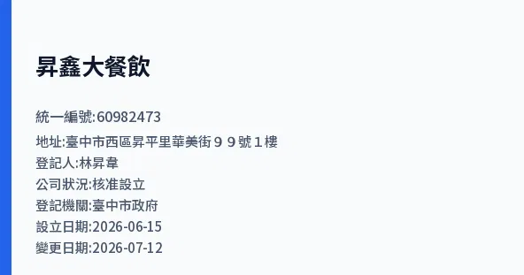 昇鑫大餐飲的照片-統編 60982473(臺中市) 公司登記資料與營業項目詳細圖表