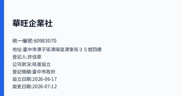 華旺企業社的照片-統編 60983070(臺中市) 公司登記資料與營業項目詳細圖表