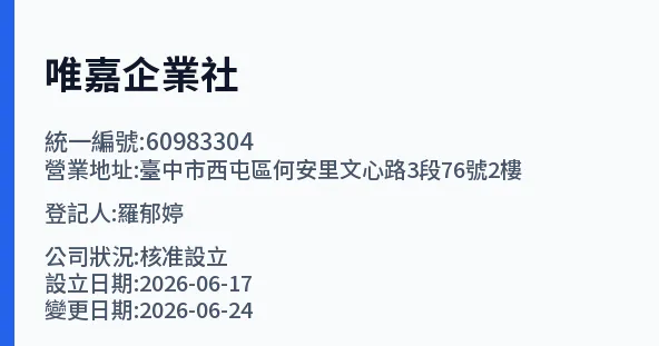 唯嘉企業社的照片-統編 60983304(臺中市) 公司登記資料與營業項目詳細圖表
