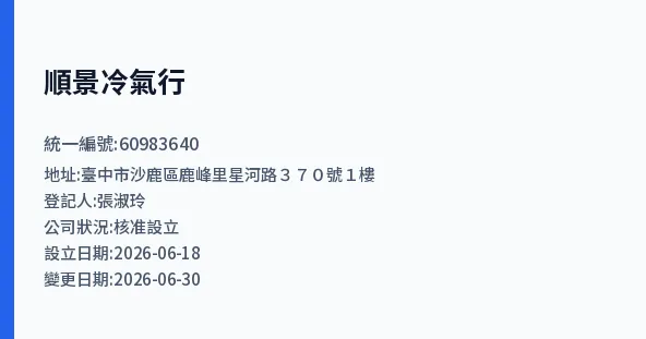 順景冷氣行的照片-統編 60983640(臺中市) 公司登記資料與營業項目詳細圖表