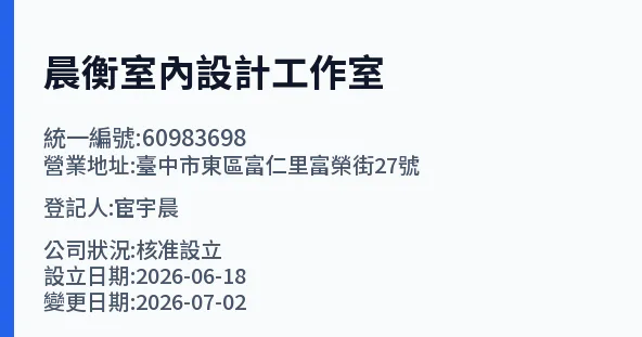 晨衡室內設計工作室的照片-統編 60983698(臺中市) 公司登記資料與營業項目詳細圖表