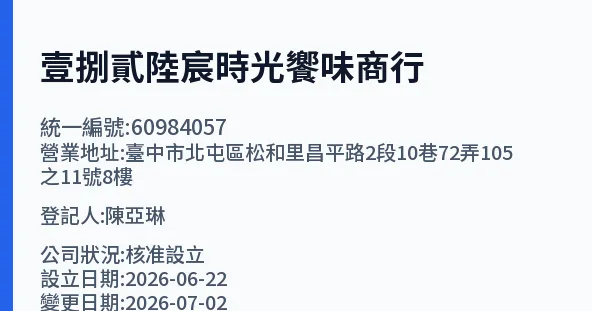 壹捌貳陸宸時光饗味商行的照片-統編 60984057(臺中市) 公司登記資料與營業項目詳細圖表