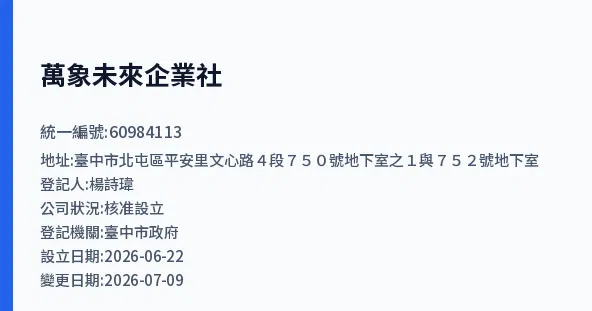 萬象未來企業社的照片-統編 60984113(臺中市) 公司登記資料與營業項目詳細圖表