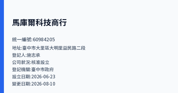 馬庫爾科技商行的照片-統編 60984205(臺中市) 公司登記資料與營業項目詳細圖表
