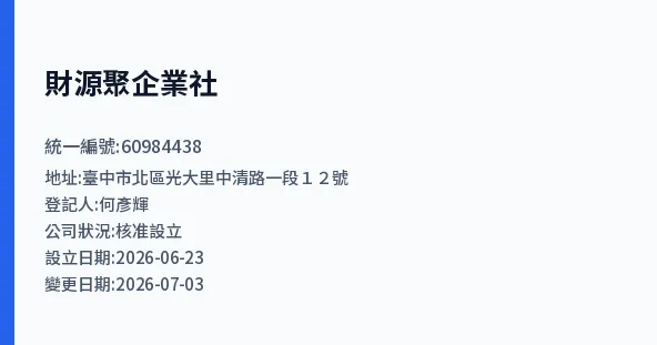財源聚企業社的照片-統編 60984438(臺中市) 公司登記資料與營業項目詳細圖表