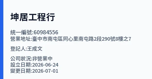 坤居工程行的照片-統編 60984556(臺中市) 公司登記資料與營業項目詳細圖表
